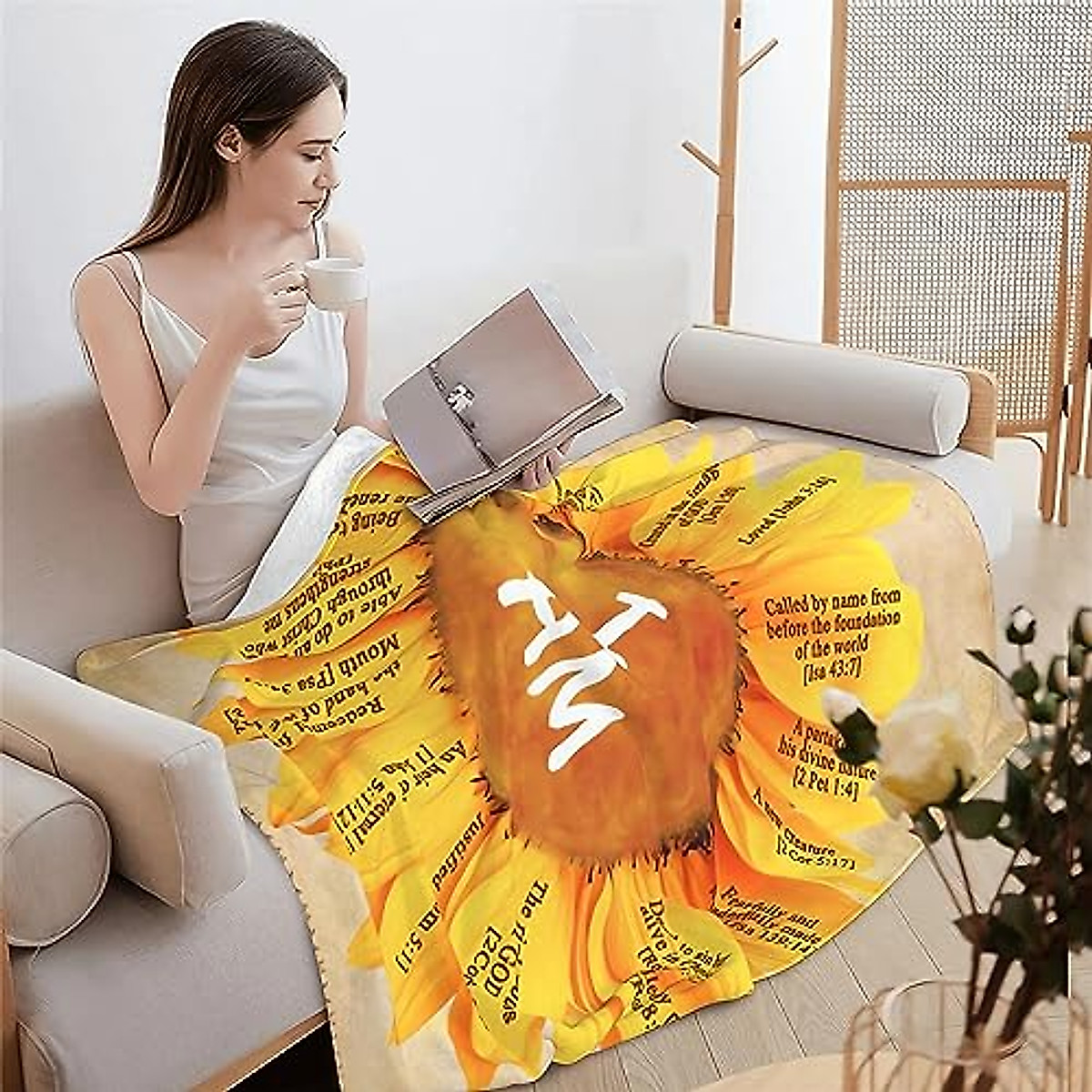 BOOPBEEP Inspirational Blanket with Bible Verse Christian Spiritual Religious Gift for Women Birthday Christian Gift for Mom Wife Healing Throw Blanket (Sunflower-Yellow, 40"x50")