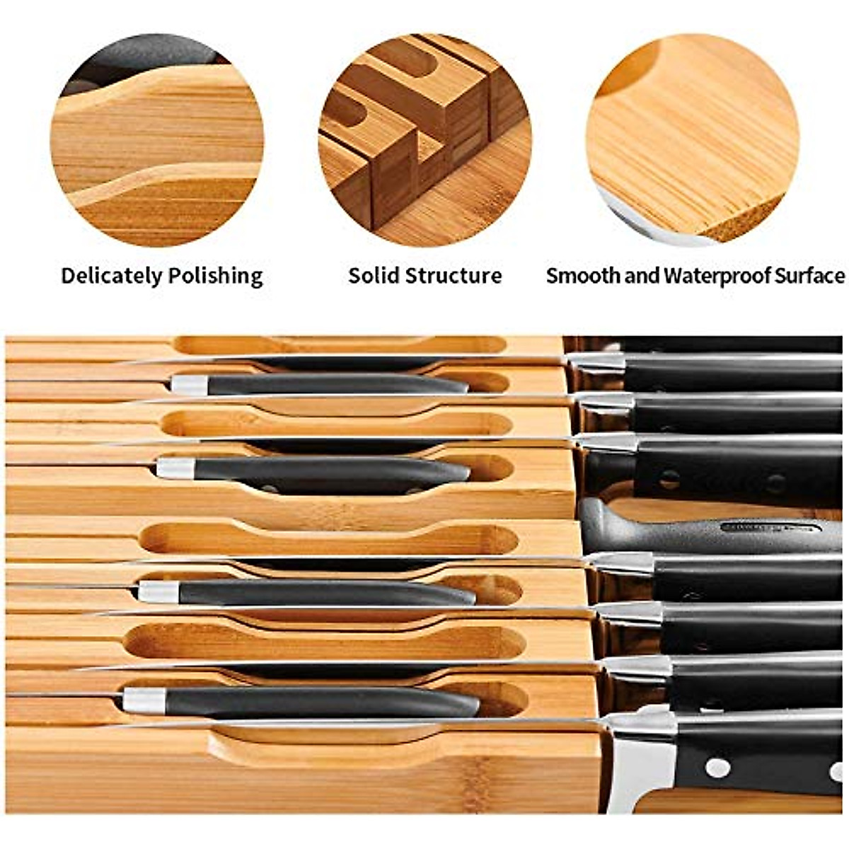 Utoplike In-Drawer Bamboo knife block, Drawer Knife Set Storage, Knife Organizer and Holder with Slots for 16 Knives and 1 Sharpening Steel (Not Included)-Kitchen Drawer, Counter Top