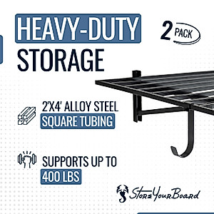 StoreYourBoard 2 Pack Heavy Duty Garage Wall Shelves, 2' x 4' Wall Mount Storage Shelf with Hooks, Holds 200 lbs Each