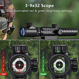 MidTen 3-9x32 4-in-1 Scope Combo with Dual Illuminated Scope Optics & 4 Holographic Reticle Red/Green Dot Sight & IIIA/2MW Laser Sight Rangefinder Illuminated Reflex Sight & 20mm Mount