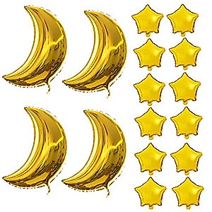 SBYURE 4 Pack 36" Large Moon Foil Balloons and 12 Pack 10" Gold Foil Star Balloons Mylar Balloon for Party Decoration Baby Shower Birthday Party Celebration,Gold,16 Pieces