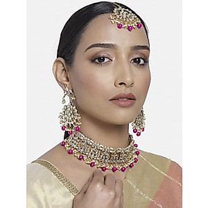 Aheli Elegant Indian Faux Kundan Studded Choker Necklace with Maang Tikka Set Ethnic Wedding Wear Fashion Jewelry for Women (Rani Pink)