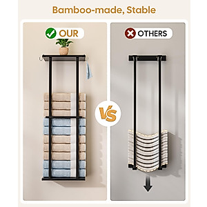 Cozivolife Bamboo Towel Rack for Bathroom with 2 Hooks, 32.7 inch with Shelf Wall Mounted Towel Storage Organizer, Large Capacity Towel Holder for Bathe Towels and Hand Towels (Black)