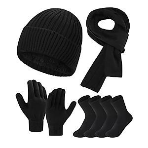 Winter Beanie Hat Gloves Scarf Set for Men, Warm Fleece Knitted Hat Scarf Touchscreen Gloves and Wool Socks (Black)