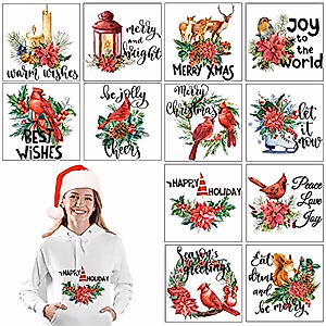 12 Sheets Christmas Iron on Transfers for T-Shirts Cardinal Iron on Decals Poinsettia Elk Candles Letter Tree Pattern Applique Stickers Wreath Heat Transfer Paper Stickers for DIY Xmas Clothing