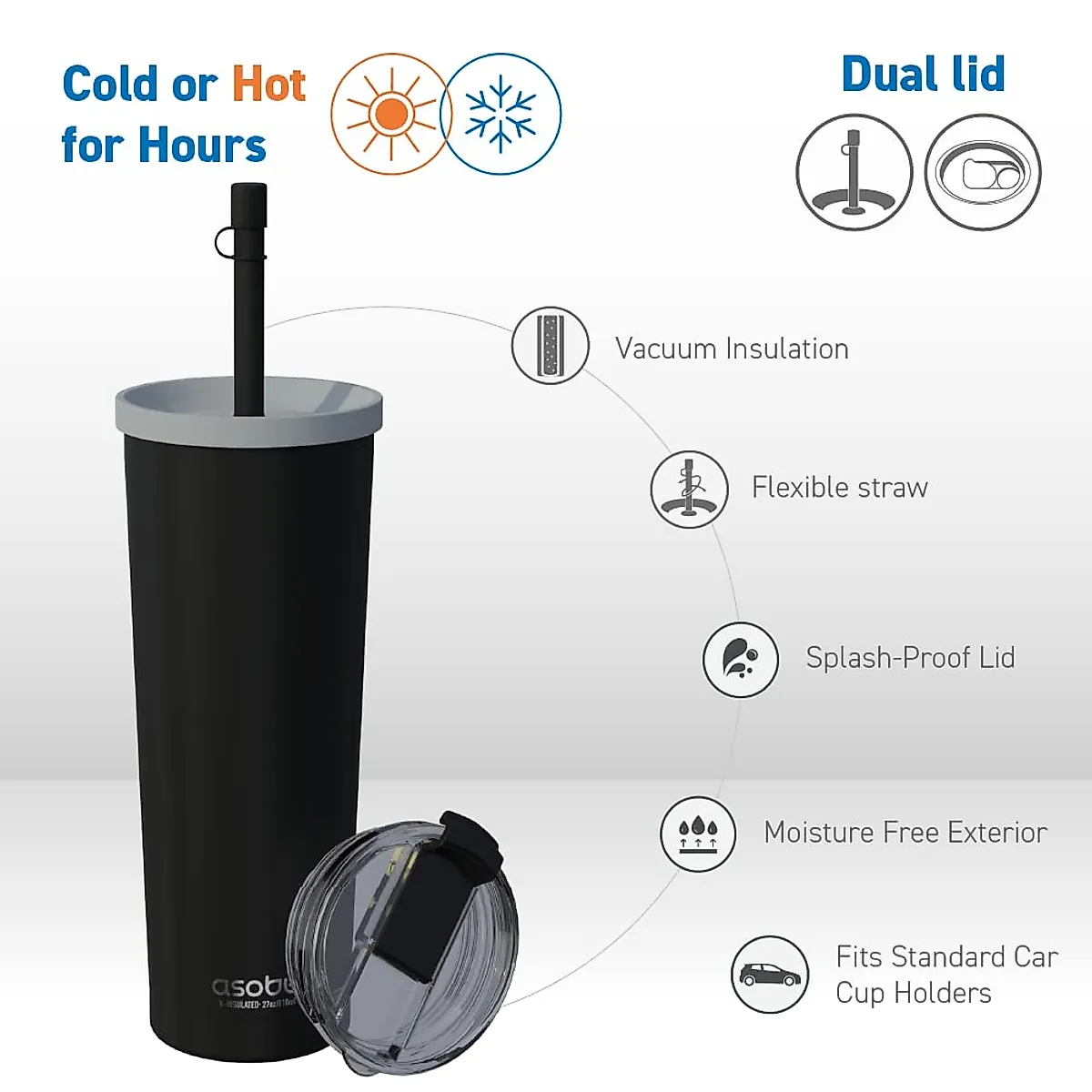 asobu Ocean Stainless Steel Tumbler with Flexible Straw Lid | Insulated Water Bottle for Ice Coffee, Cold Brew | Flip Open Lid for Hot Tea and Coffee | Reusable Travel Cup 27 Ounce (Black)