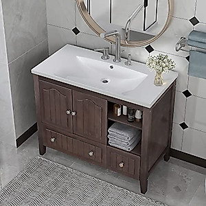 Lifeand, Integrated Combo with White Built-in Ceramic Top & Modern Base Cabinet 36" Bathroom Vanity with Sink, 36'', Brown