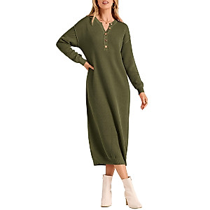 PRETTYGARDEN Women's 2024 Fall Knit Sweater Dress Long Sleeve Button V Neck Loose Casual Maxi Dresses (Black,X-Large)