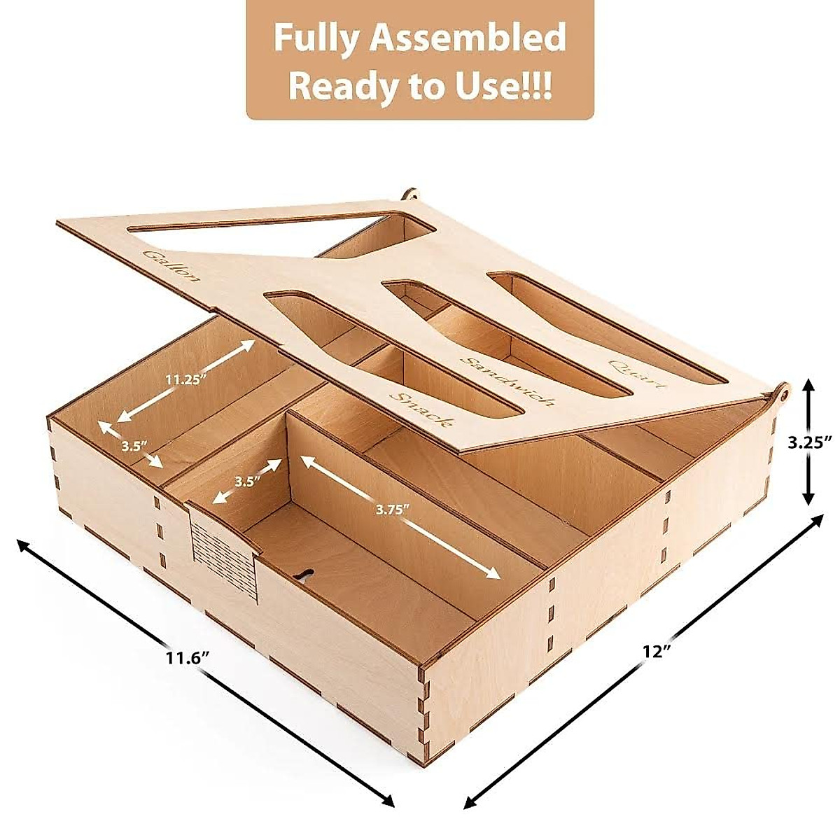 Storage Bag Organizer - Wooden Baggie Organizer for Drawer, Bass Wood - Quart, Snack, Gallon Size, Sandwich Bag Holder - Plastic Bag Organizer with Hinged Lid, Engraved Labels - 11.6x12x3.25"