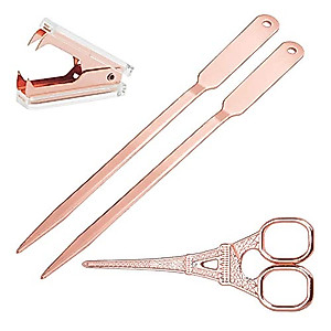 Rose Gold Desk Accessories Set - Scissors, Staple Remover and 2 Letter Openers, Luxury Rose Gold Office Supplies & Desk Decorations