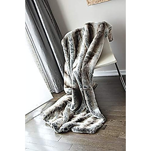 Luxury Faux Fur Oversized Throw Blanket with Plush Velvet Reverse, Fox Lynx or Gray Mink (Chinchilla X-Long)