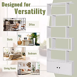 LOKO 6-Tier Geometric Bookcase with Doors, Freestanding Storage Display Shelf with Anti-toppling Devices, S-Shaped Z-Shelf Bookshelf with Cabinet for Living Room, Bedroom, Study (2, White)