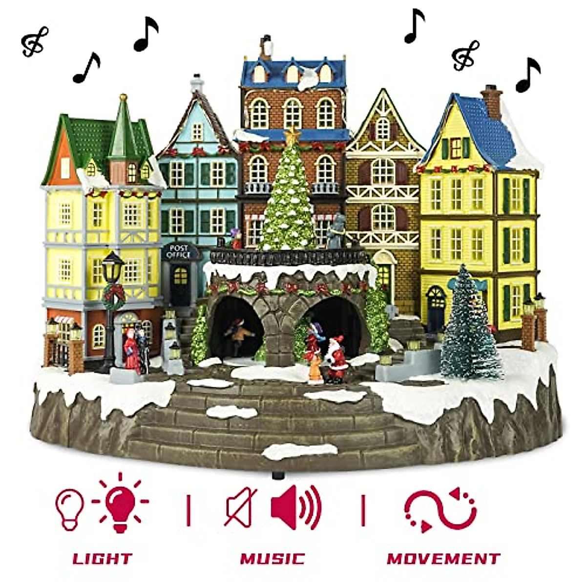 YQQY Christmas Village House, 12.4" H Large Size, Colourful LED Lights with Christmas Music, Rotating Christmas Trees and Roller Skaters, Christmas Decoration for Home (Yellow)