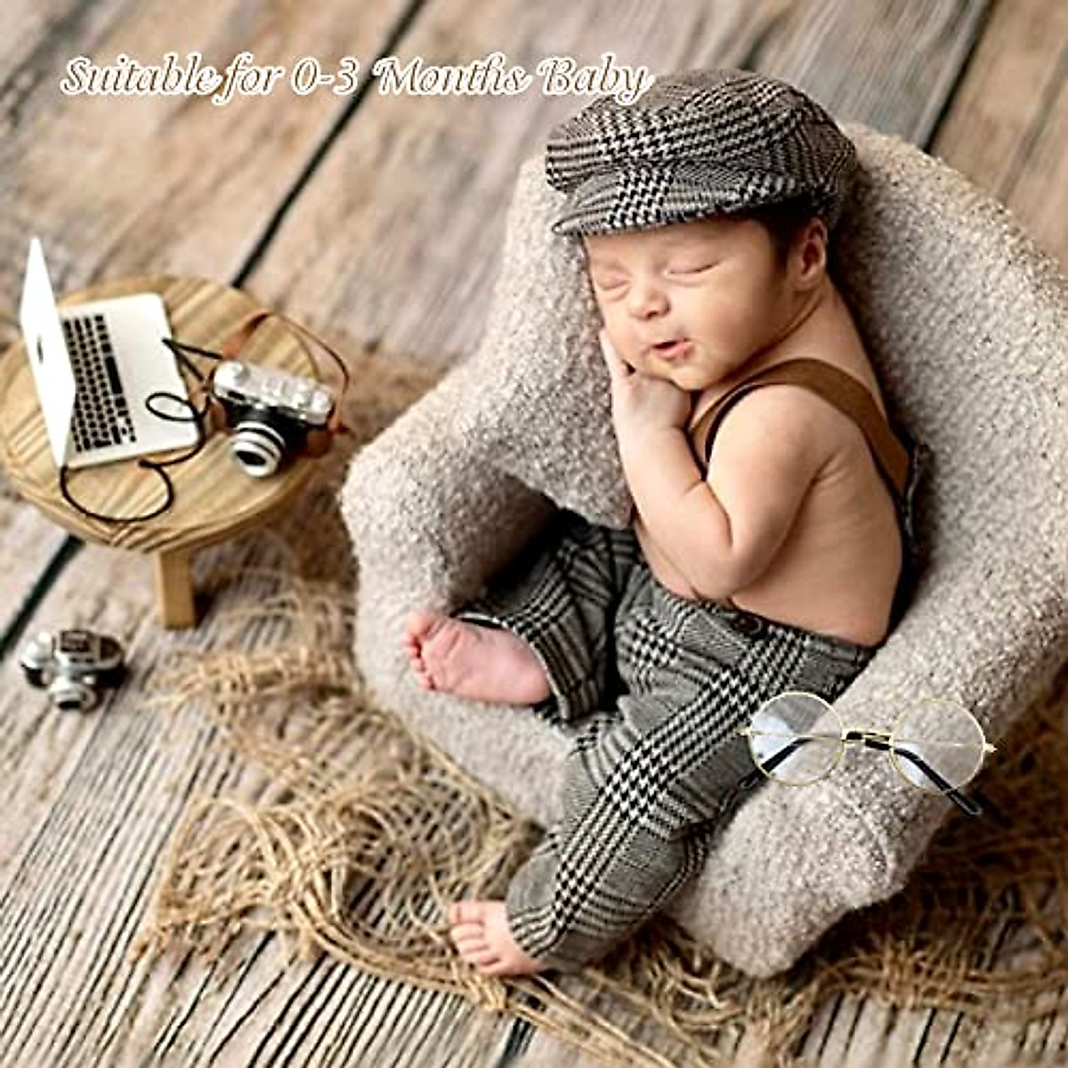 SPOKKI 4 Pcs Newborn Baby Photo Props, Lattice Rompers Suspender Pants with Beret Glasses Bow Tie for Infant Boys' Costumes, Newborn Boy Photography Outfit Set, Checked Fabric Gentleman Suit (Brown)