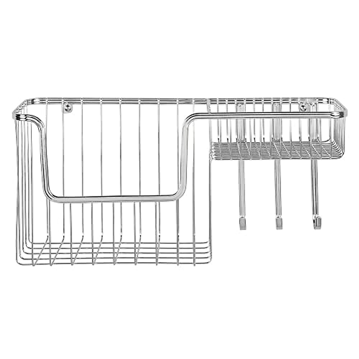 mDesign Metal Wire Wall Mount Entryway Storage Organizer Mail Basket Holder with 3 Hooks, 2 Compartments - for Organizing Letters, Magazines, Keys, Coats, Leashes - Chrome