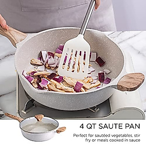 Country Kitchen Nonstick Cookware Sets - 6 Piece Nonstick Cast Aluminum Pots and Pans with BAKELITE Handles - Non-Toxic Pots with Glass Lids - Speckled Cream with Light Wood Handles