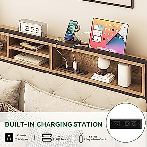 YITAHOME Queen Size Bed Frame, Platform Bed Frame with Charging Station, Upholstered Storage Headboard & Footboard Metal Slats Supports Mattress Foundation, No Box Spring Needed, Beige