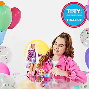 Barbie Extra Doll & Accessories with Extra-Long Crimped Pigtails in Pink Sparkly Varsity Jacket with Pet Teddy Bear