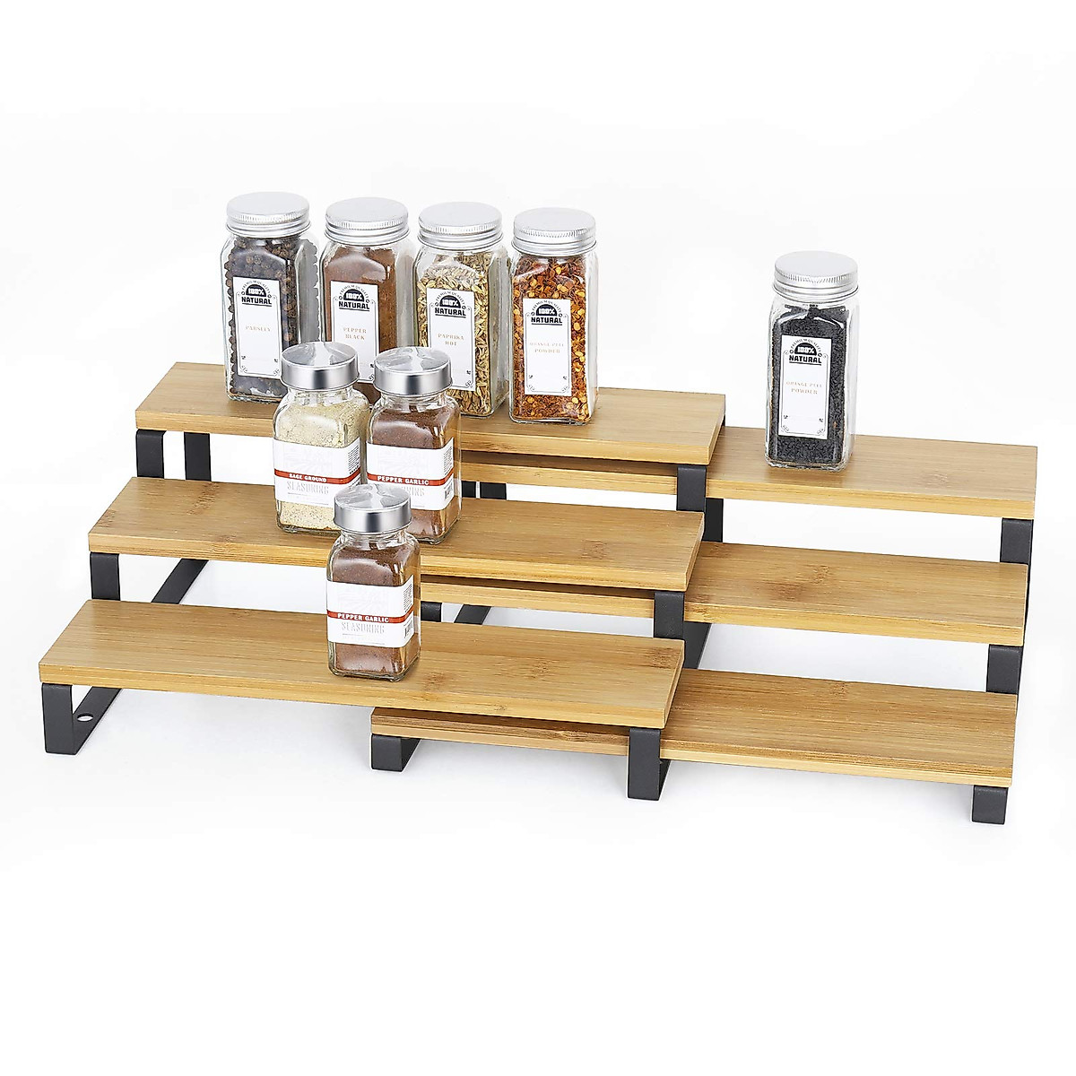 MOOACE 3 Tier Expandable Spice Rack Set (15.35"--22.2"L), Step Shelf Organizer for Cabinet Countertop Pantry, Set of 2