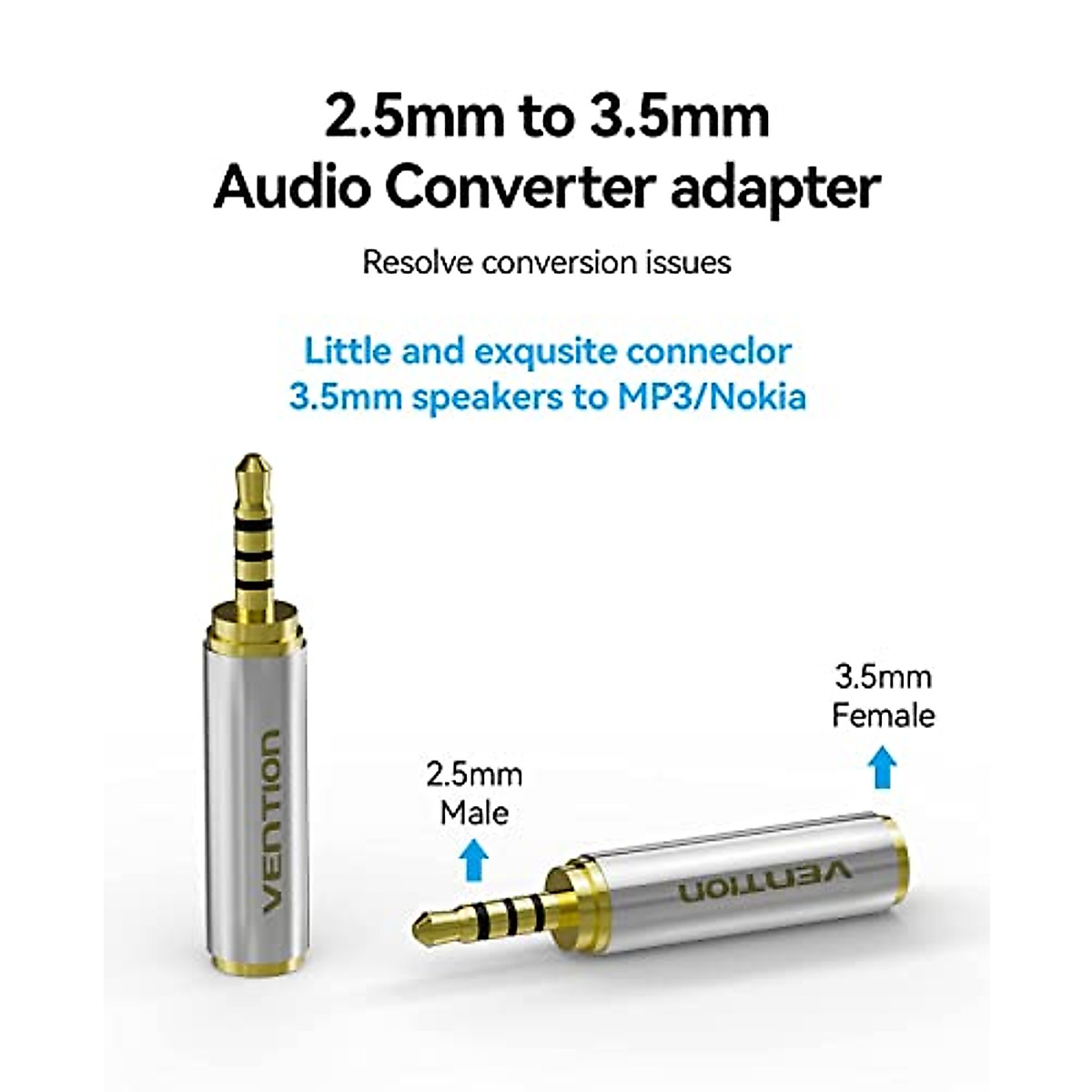 VENTION 3.5mm to 2.5mm Audio Adapter, 3.5mm Female to 2.5mm Male Audio Converter, Gold-Plated Audio Jack Connector, 3.5 to 2.5 Stereo/Mono Auxiliary Plug for Headphones Earphones Speakers (2 Pack)