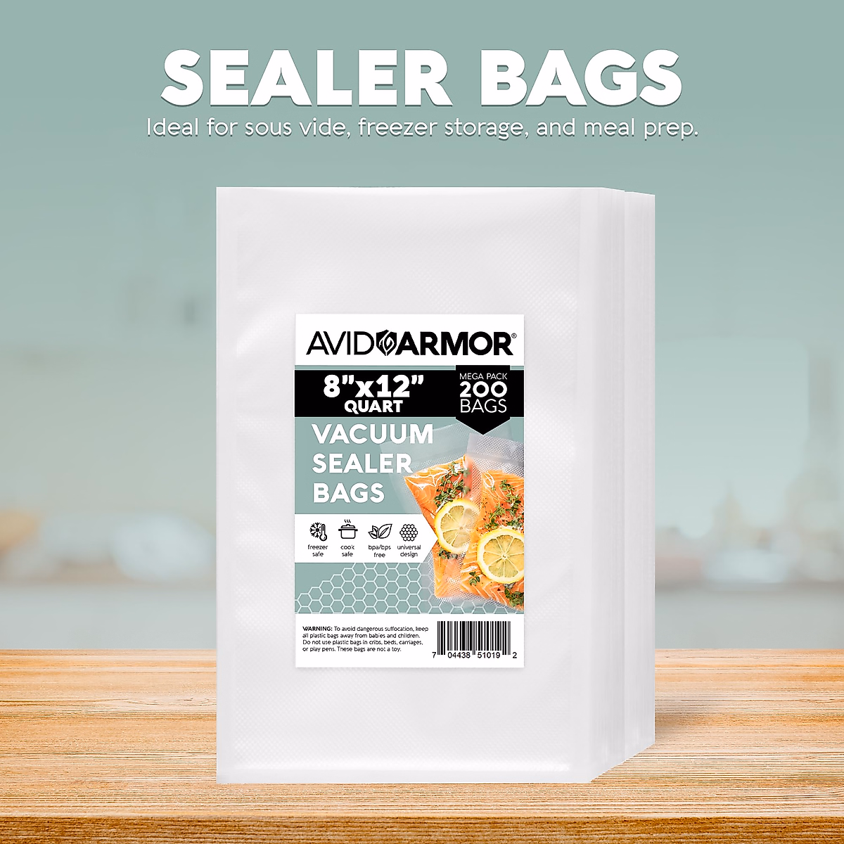 Avid Armor - Vacuum Sealer Bags, Vac Seal Bags for Food Storage, Meal Saver Freezer Vacuum Sealer Bags, Quart Size Sous Vide Bags Vacuum Sealer, Non-BPA, 8 x 12 inches, Pack of 200