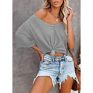 SHEWIN Oversized T Shirts for Women Summer Casual V Neck Short Sleeve Shirt 2023 Trendy Lightweight Waffle Knit Tunic Tops Loose Blouses Grey M