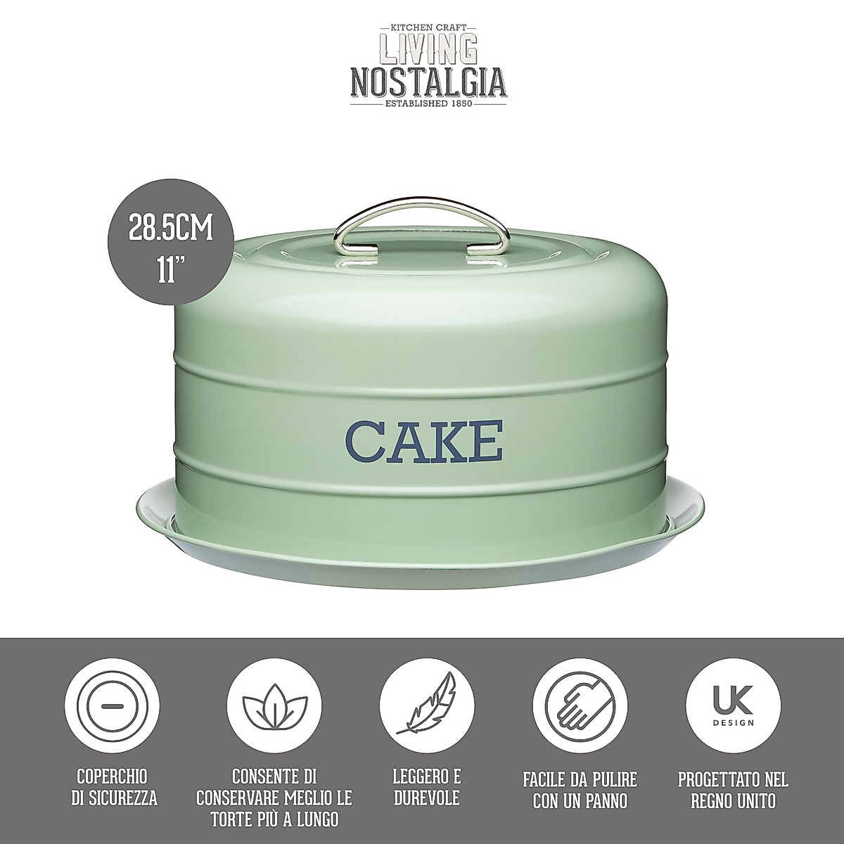 Kitchen Craft Living Nostalgia Airtight Cake Storage Tin/Cake Dome, 28.5 x 18 cm, English Sage Green