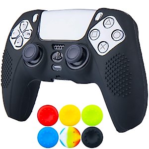9CDeer 1 Piece of Silicone Studded Dots Protective Sleeve Case Cover Skin + 6 Thumb Grips Analog Caps for PS5 Controller, Black