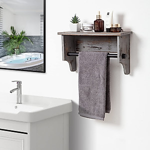 ExoLiry Wall Mounted Bathroom Towel Rack Torched Wood Rustic Brown Hanging Floating Shelf Industrial Black Metal Pipe Bar Restroom Organizer Robe Shampoo Body Wash Holder Clothing Kitchen Storage Home