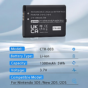 Tectra 1300mAh CTR-003 CTR003 Battery Compatible with Nintendo 3DS 2DS Gaming Console + Charging Cable(Not Compatible with New 3DS and 3DS XL)