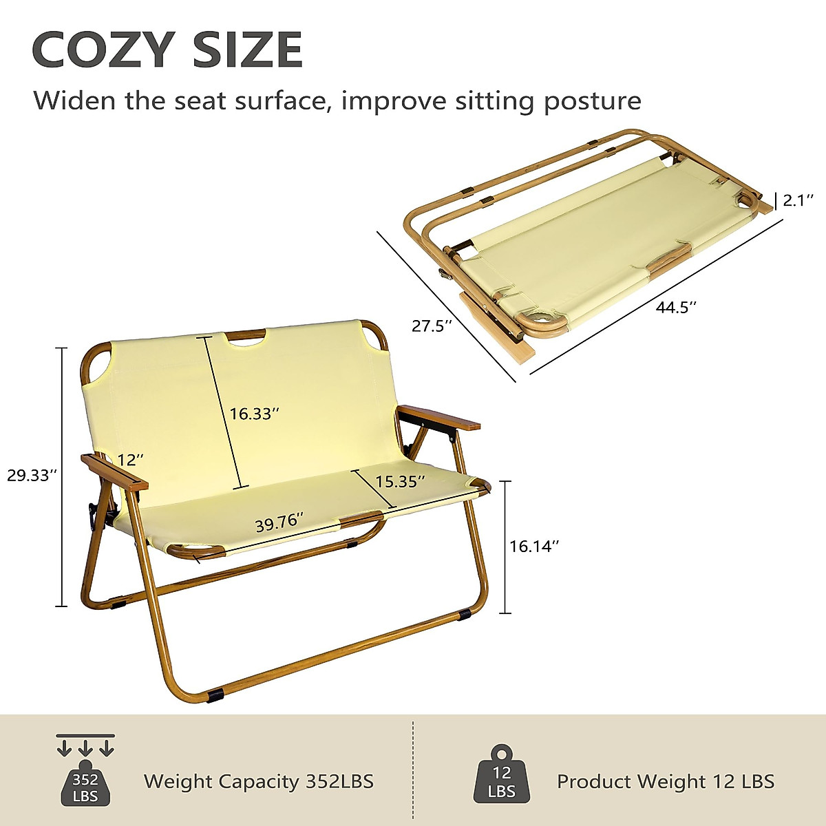 LUCKYERMORE Folding Loveseat Camping Chair for 2 Person Double Seat Outdoor Portable Aluminum Beach Chair with Armrests Compact Picnic Chair for Fishing Travel Camp Camping Beach Indoor Outdoor