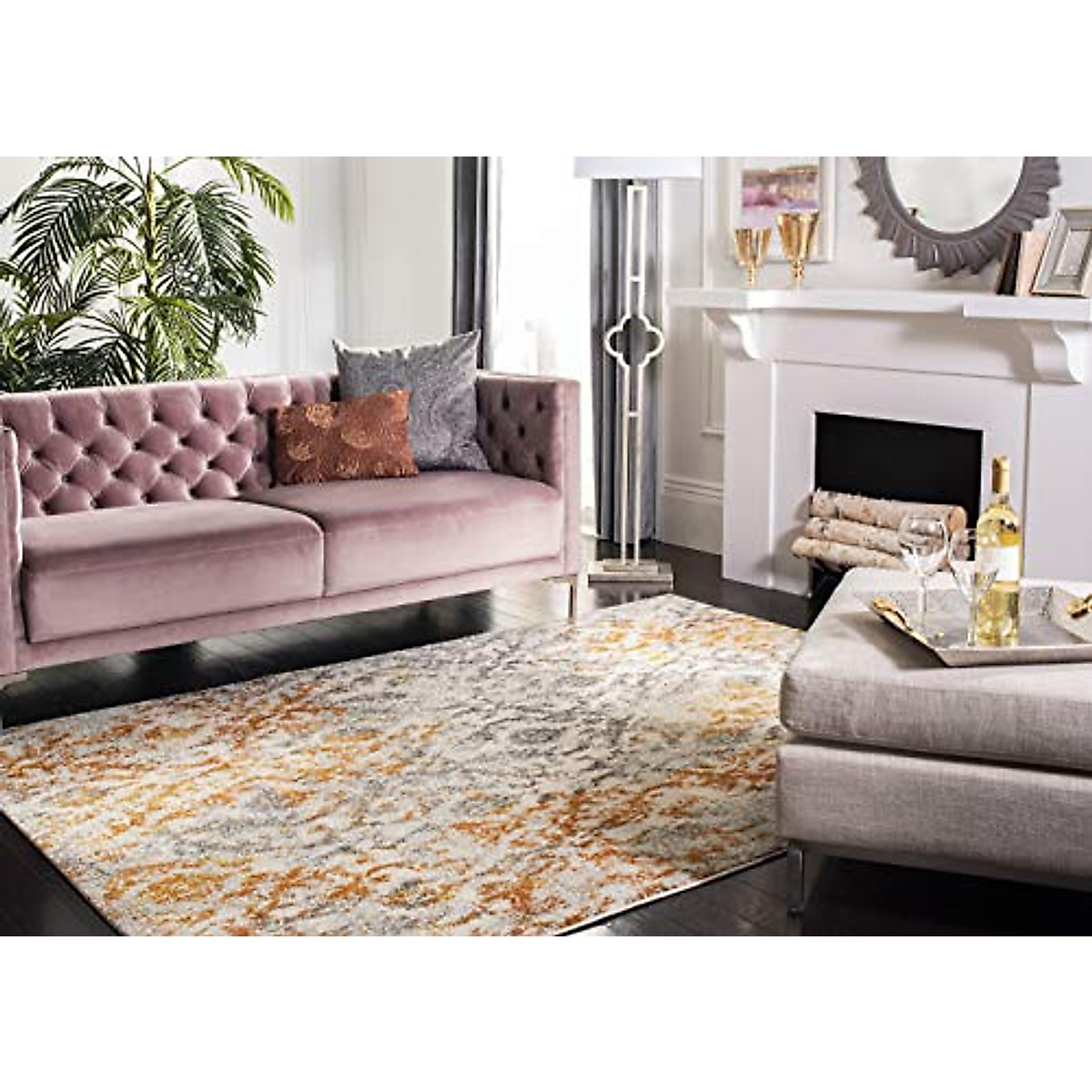 SAFAVIEH Madison Collection 6'7" x 9'2" Cream / Orange MAD608K Boho Chic Distressed Non-Shedding Living Room Bedroom Dining Home Office Area Rug