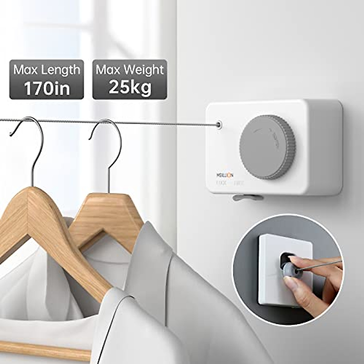 Mbillion Retractable Clothesline Heavy Duty Clothes Drying Laundry Line for Indoor Outdoor Retracting Hanging Clothing Drying with Retract Rotating Knob to Prevent Sagging White