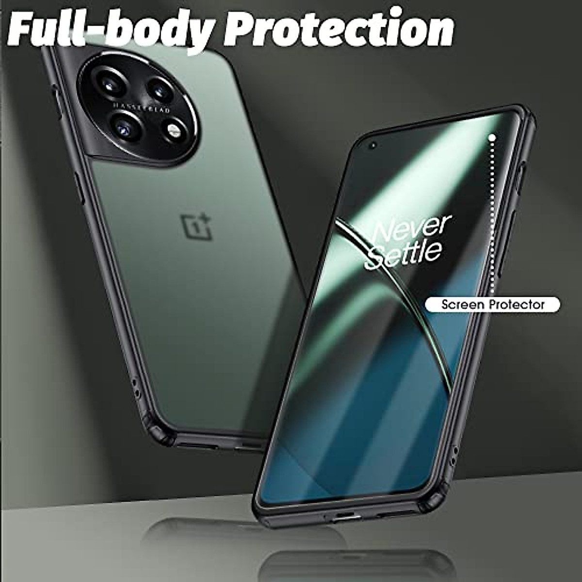 Orzero Phone Case Compatible for OnePlus 11 5G, with 2 Pack High Definition TPU Screen Protector, Matte Finish Full Body Protection Anti-Scratch Shock Proof Solid Hard Back Cover(1+2) - Frosted Black