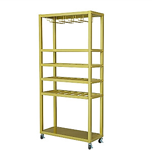 18 Bottles Metal Wine Rack 6-Tier Free Standing Wine Holder with Glass Holder, Heavy Duty Wine Bottle Organizer with Storage Shelf, Display Stand Rack with Wheels, Gold, 23.6''L x 9.8''W x 47.2''H