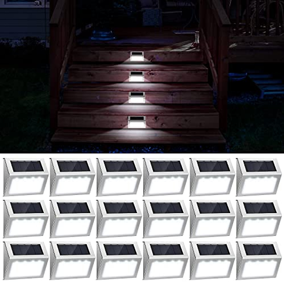 18 Pcs Solar Deck Lights Waterproof Outdoor Fence Lights 21 LED Solar Powered Step Lights Stainless Steel Stairs Lamps for Garden Pathway Backyard Patio Yard Stair Wall Railing Lighting (White)