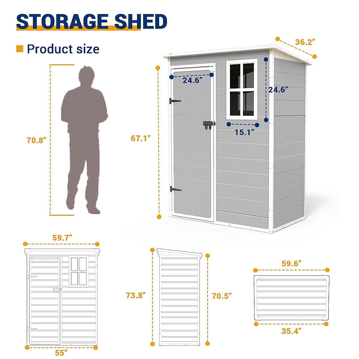 UDPATIO Outdoor Resin Storage Shed 5x3 FT, Plastic Garden Shed for Bike, Garbage Can, Tool, Outside Sheds & Outdoor Storage Storage Box with Lockable Door for Backyard, Patio, Lawn, Grey & White