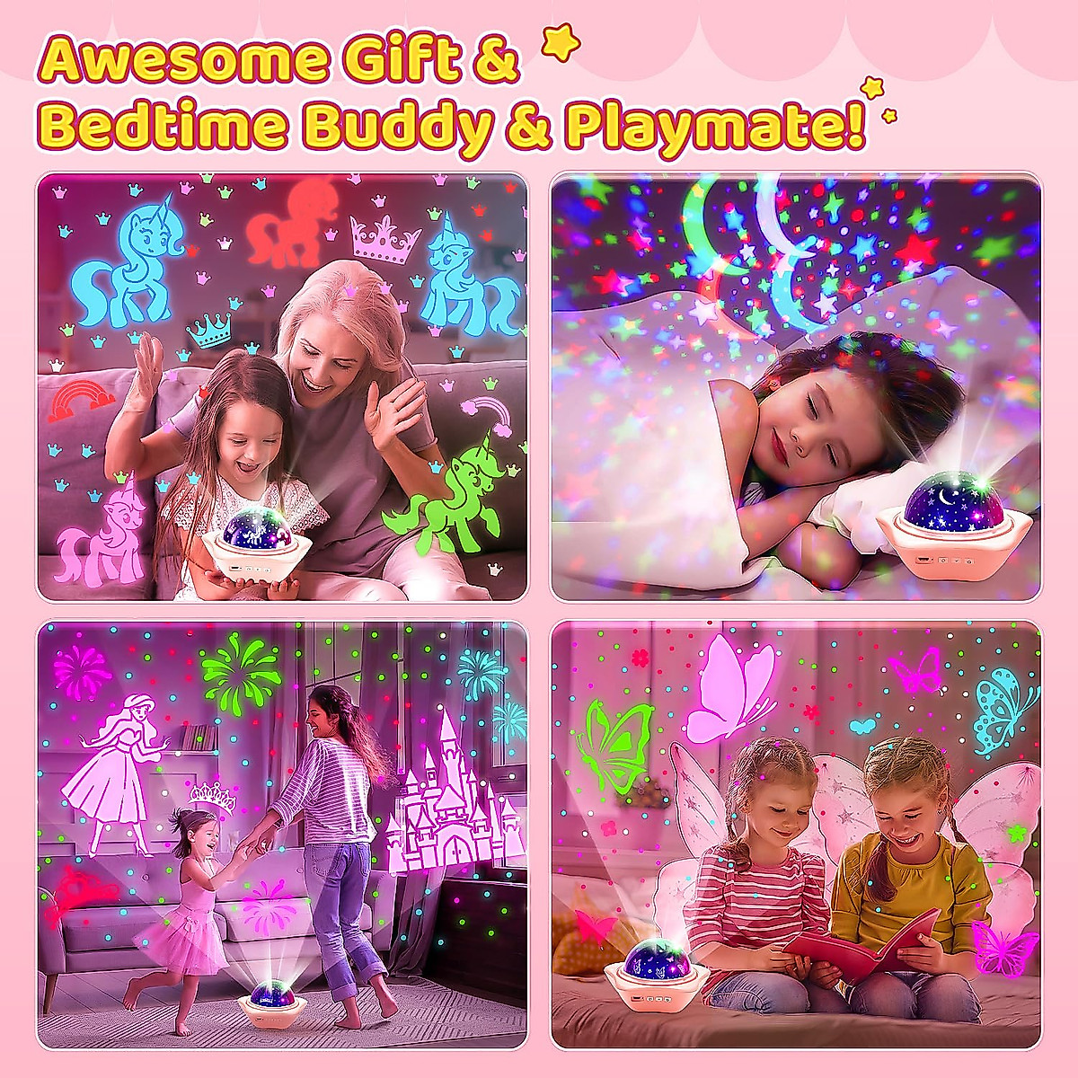 One Fire Unicorns Gifts for Girls Night Light Projector, 6 Films Unicorn Bedroom Decor for Girls, Rechargeable Unicorn Night Light for Girls Bedroom Decor,360° Rotating Mermaid Princess Butterfly Lamp