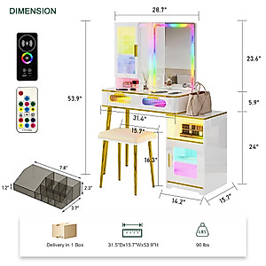 HNEBC Vanity Desk with RGB Lights,LED Makeup Vanity with Mirror and Drawers, RGB Makeup Desk with USB+Wireless Charging Station for Bedroom, Vanitys Table with Sensor Mode, Stool, White