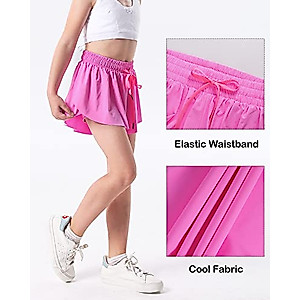 KEREDA 3 Pack Flowy Shorts Girls Butterfly Shorts, Preppy Youth/Kids/Girls Athletic Shorts with Spandex Liner 2-in-1 for Running, Sports, Fitness,Tennis 9-10Y (Black-White-Hot Pink)