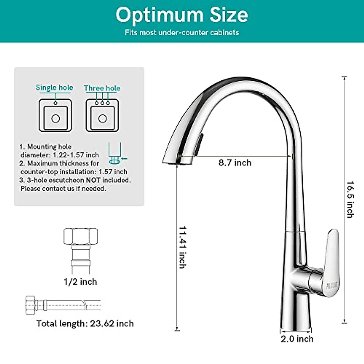 Fulgutonit Kitchen Faucet with Hidden Pull Down Sprayer, Modern High Arc Single Hole Pull Out Kitchen Sink Faucets for Bar Laundry RV Utility Sink, Chrome