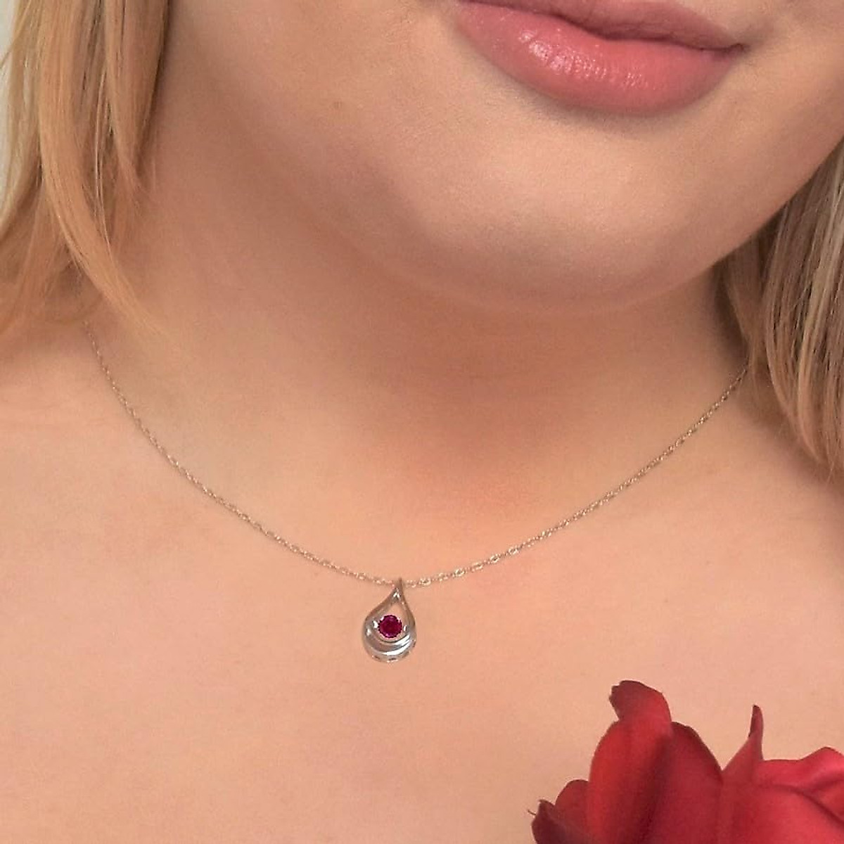 Created Ruby Open Teardrop with Dancing Gemstone Brilliance in Motion Sterling Silver Pendant Necklace with Rope Chain - 18”