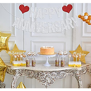Happy Anniversary Banner, Silver Glitter Anniversary Sign, Wedding Anniversary Party Decorations Supplies Man Woman