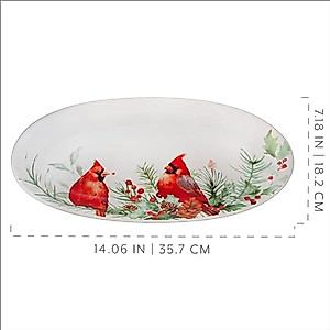 AuldHome Cardinal Ceramic Christmas Platter; Oval Holiday Serving Plate and Tray