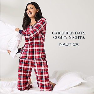 Nautica Pajamas for Women Set, Womens Long Sleeve Henley Pajama Shirt Top & Pants, Cozy Soft Sleepwear Lounge PJ Sets for Women, Women's Winter Warm Fleece PJs Loungewear - Navy Blue Dots, Large