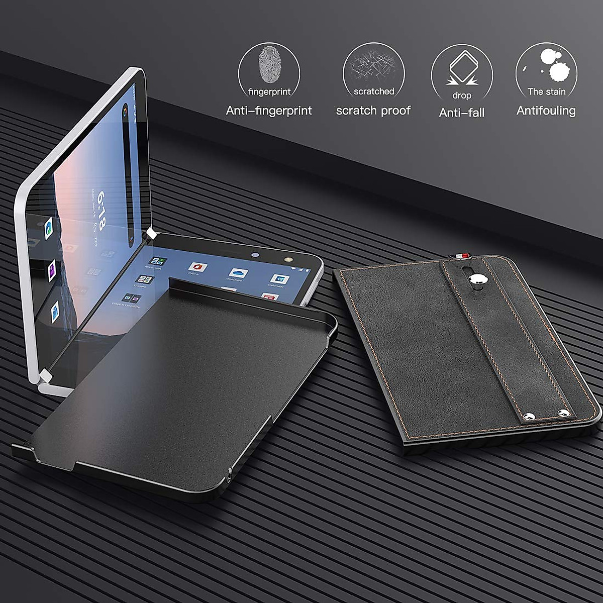 Foluu for Microsoft Surface Duo Case, Surface Duo Leather Case 2020, [Slim & Lightweight] PU Leather Back Cover Hard PC Holder with Hand Strap Protective Phone Case for Microsoft Surface Duo (Black)