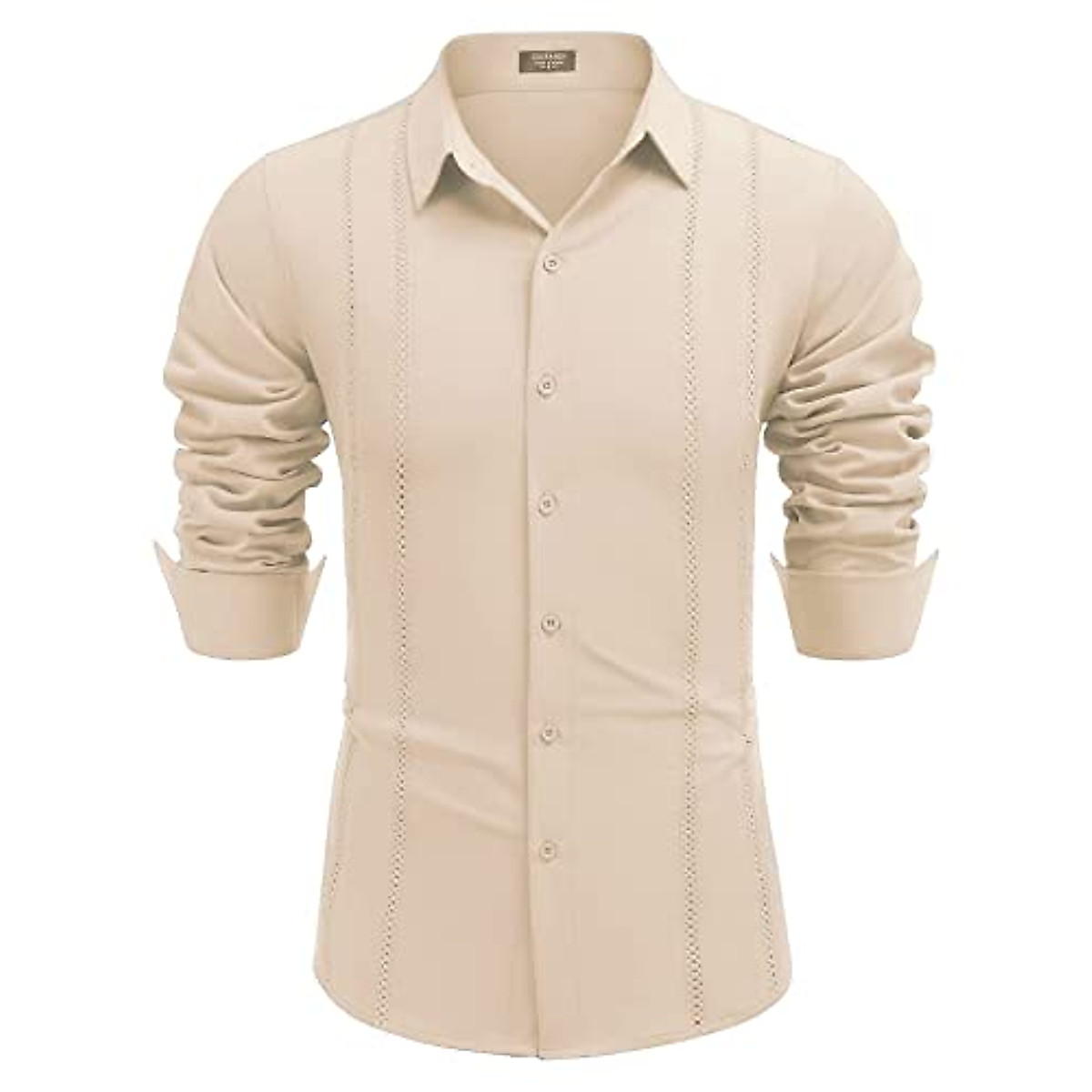 COOFANDY Men's Linen Shirts Casual Cuban Guayabera Shirt Long Sleeve Beach Shirts Beige