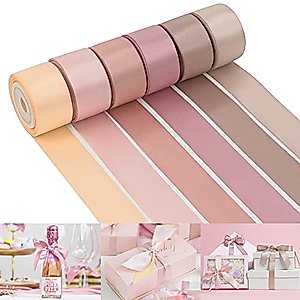 HUIHUANG Dusty Rose Wedding Ribbon Double-Faced Satin Ribbon Assortment 1" Wide Rose Pink Silk Ribbons for Gift Wrap Wedding Bridal Baby Shower Decor Flower Bouquet Crafts- 6 Colors X 5 Yards Each