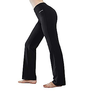 HISKYWIN Inner Pocket Yoga Pants 4 Way Stretch Tummy Control Workout Running Pants, Long Bootleg Flare Pants HF2 Black-L