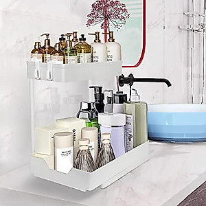 MILILOVE Under Sink Storage Organizers, Bathroom Countertop Organizer, 2-Tier Sliding Kitchen Cabinet Organization, with Hooks, Multi-purpose Shelf Organizer, For Kitchen Bathroom Bedroom Office